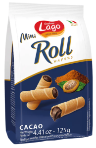 Lot de 12 Paquets de Biscuits MINI-ROLL WAFERS CACAO 125 g - LAGO ELLEDI